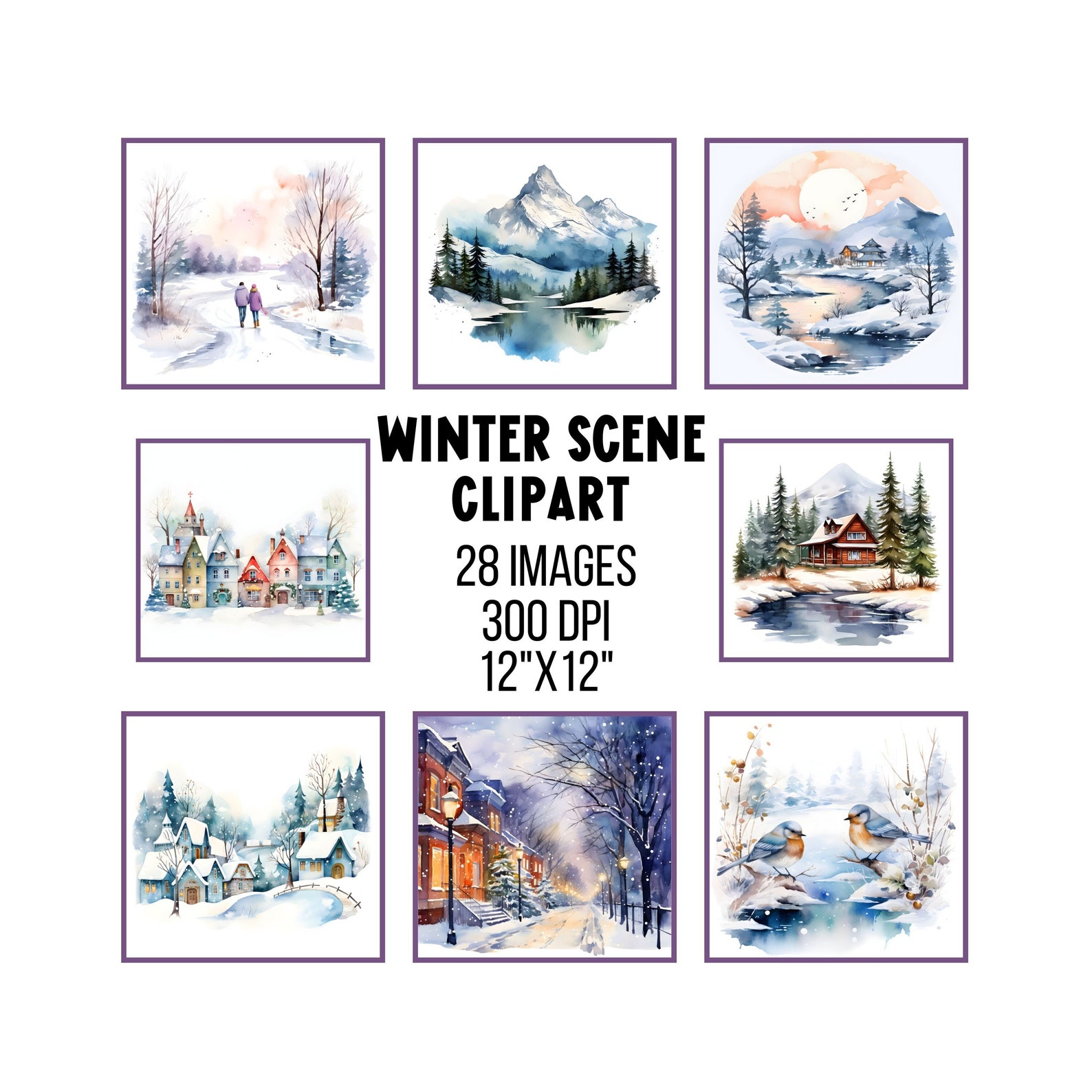 Winter Wonderland Watercolor Clipart Winter Scene JPG Image Winter ...