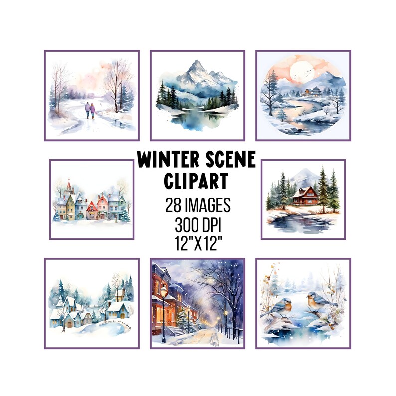 Winter Wonderland Watercolor Clipart Winter Scene JPG Image Winter ...