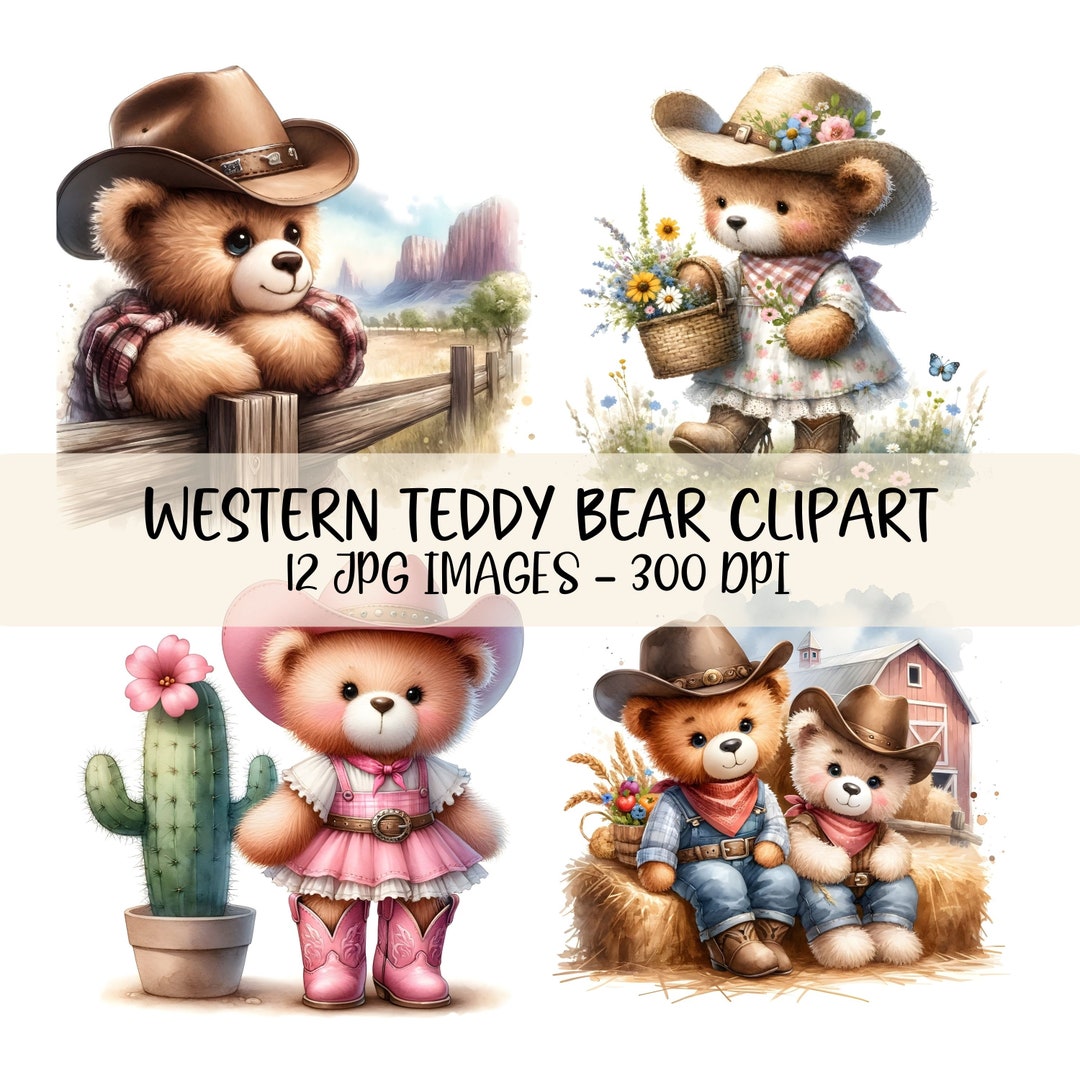 Western Teddy Bear Clipart Bundle Cute Clipart Watercolor Printable ...