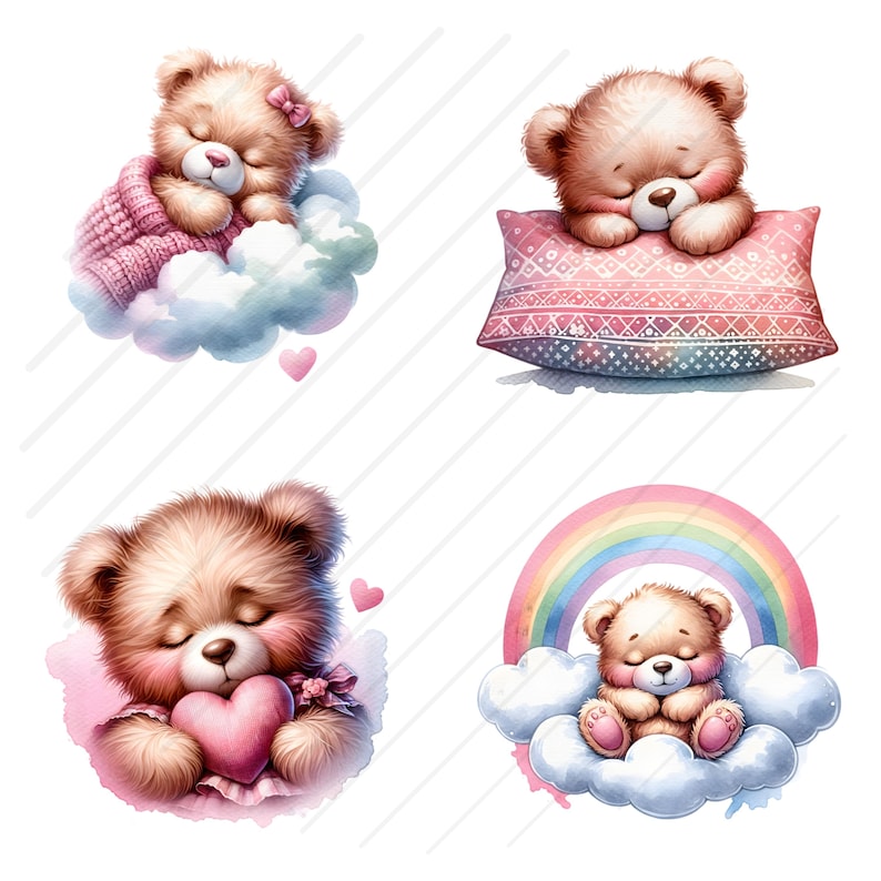 Cute Sleeping Teddy Bears Clipart Pink JPG Images Nursery Art Sleepy ...