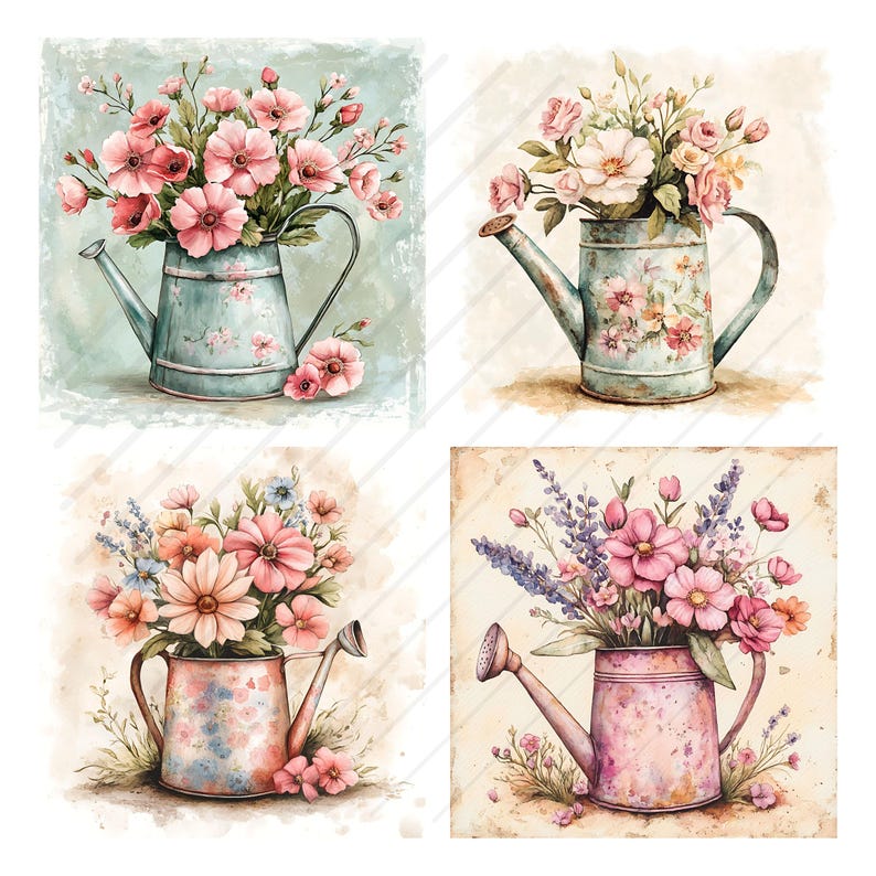 Shabby Chic Vintage Floral Clipart Bundle Watercolor Watering Can ...