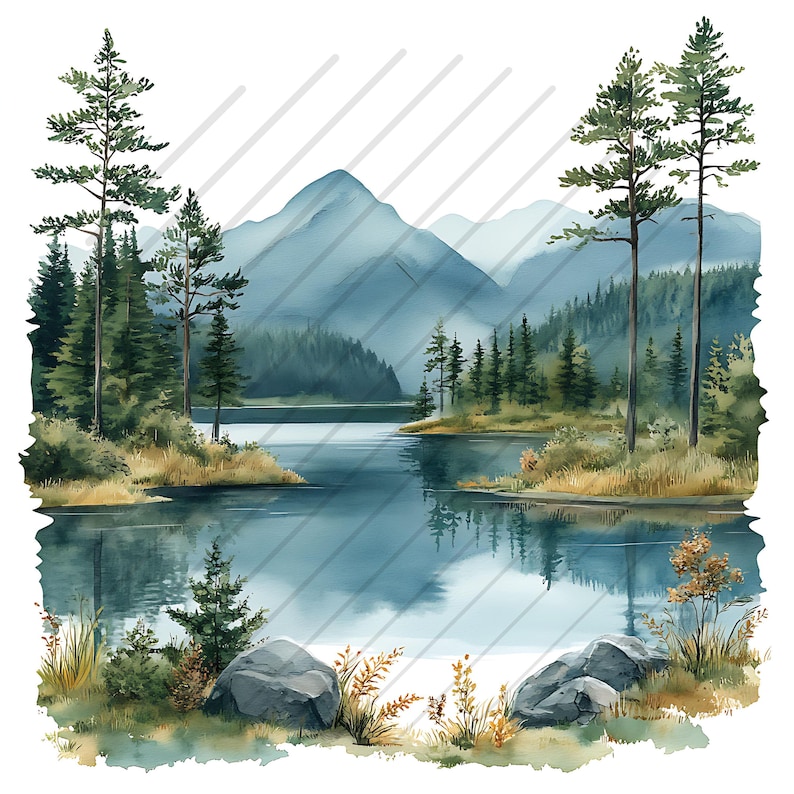 Mountain Lake Clipart Bundle JPG Images Watercolor Lake Landscape ...