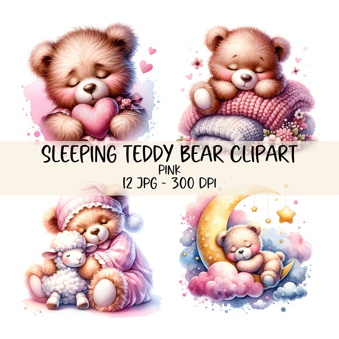 Cute Teddy Bear Watercolor Clipart Bundle Sleeping Teddybear Clipart ...