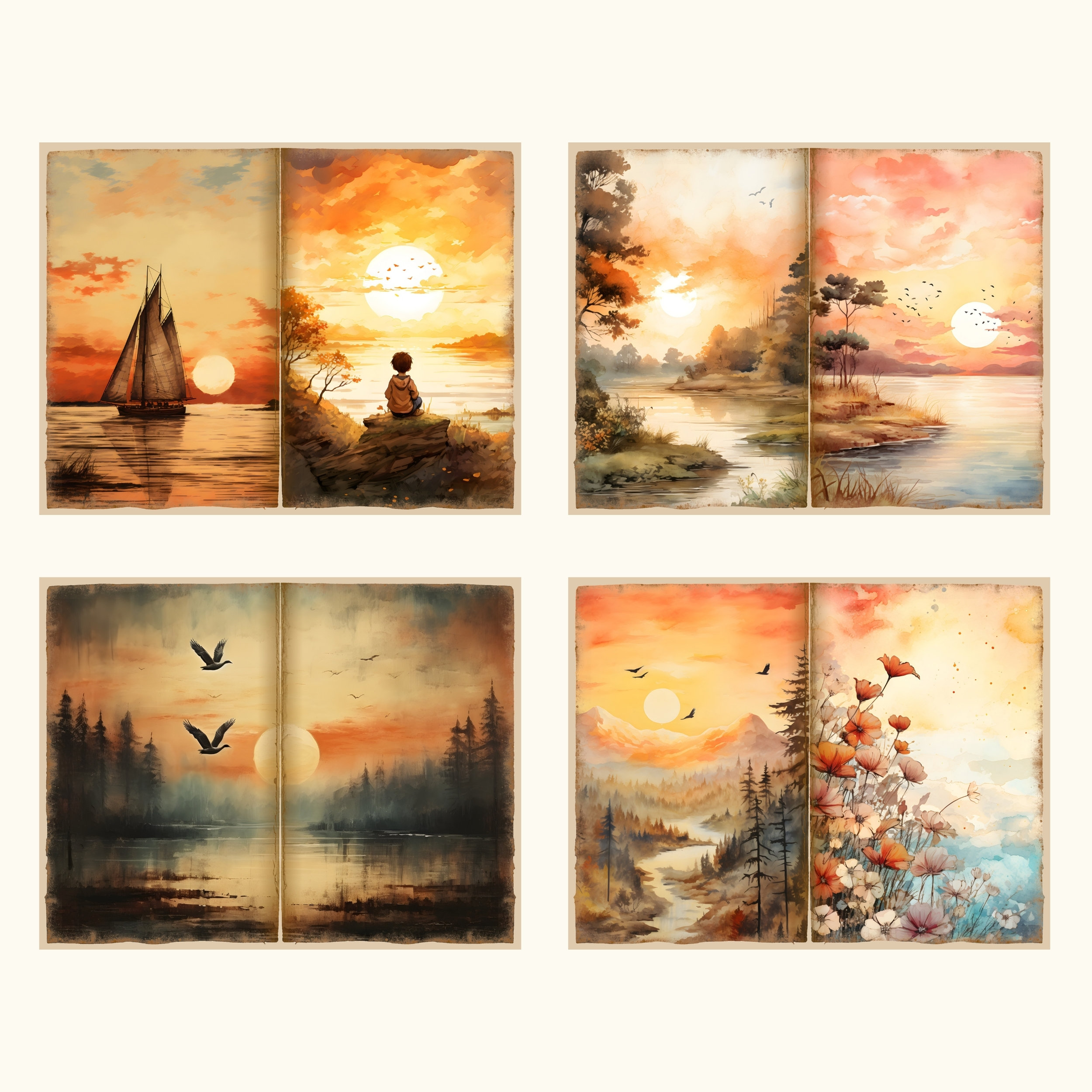 Watercolor Sunset Junk Journal Pages Printable Background Sunset ...