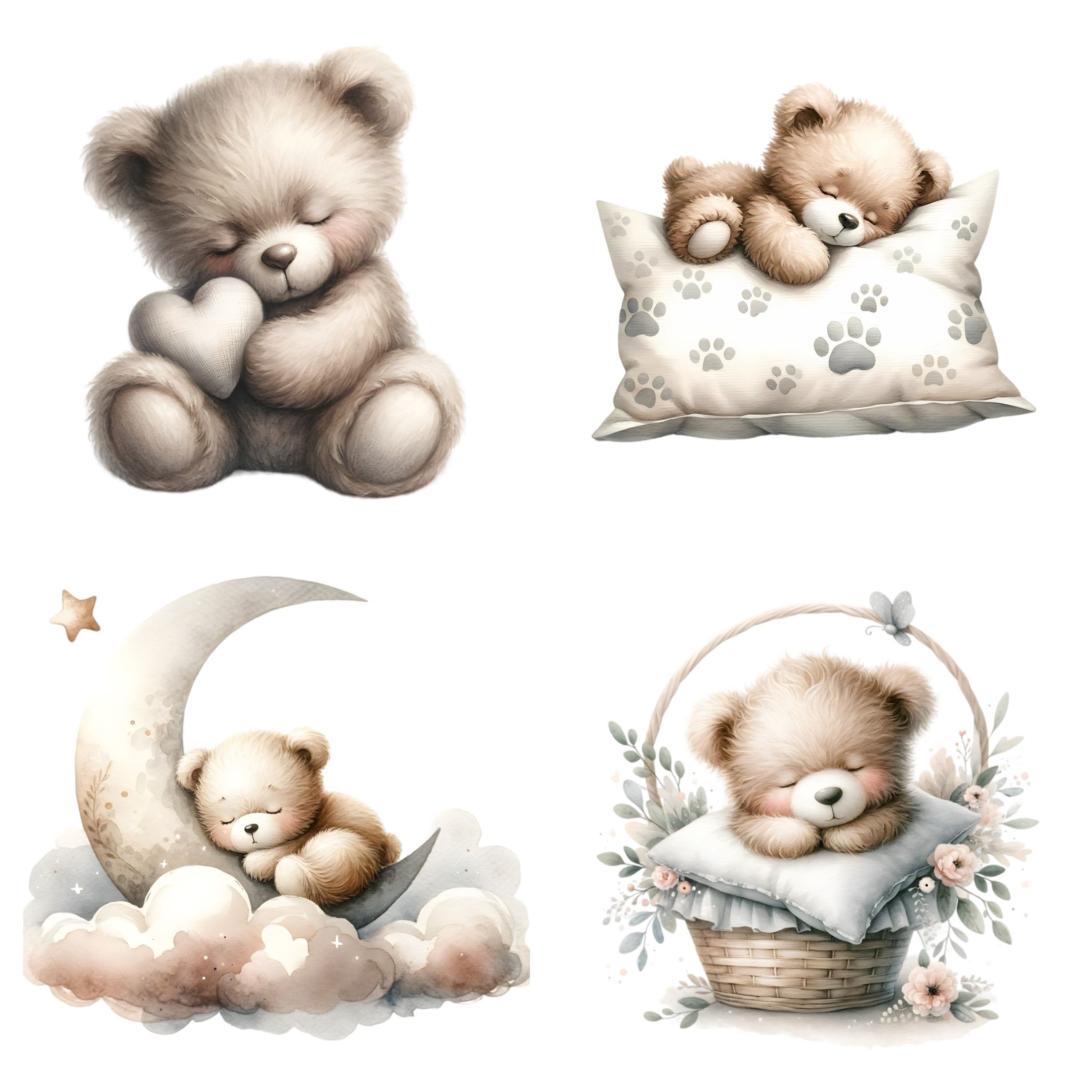 Cute Watercolor Teddy Bear Clipart Bundle Sleeping Teddybear Clipart ...