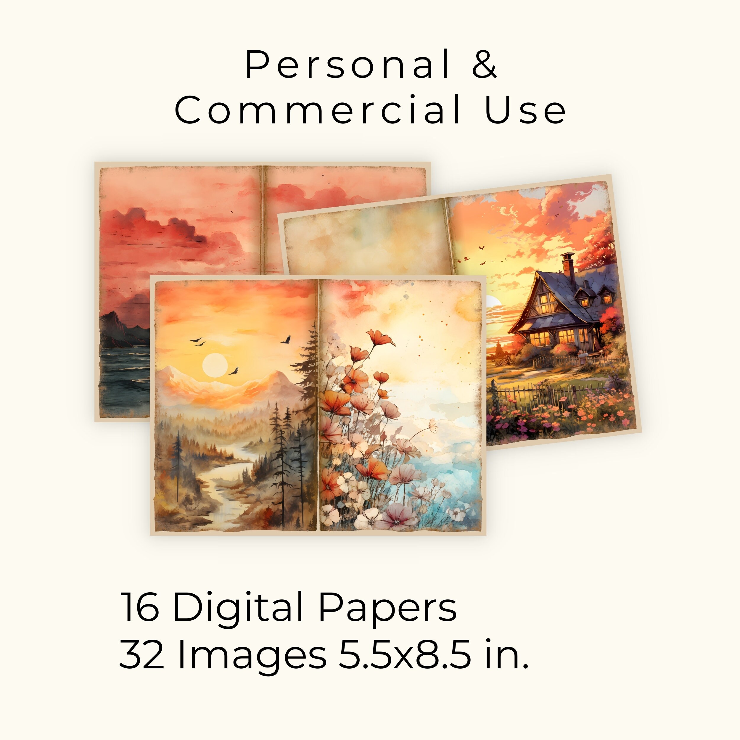 Watercolor Sunset Junk Journal Pages Printable Background Sunset ...