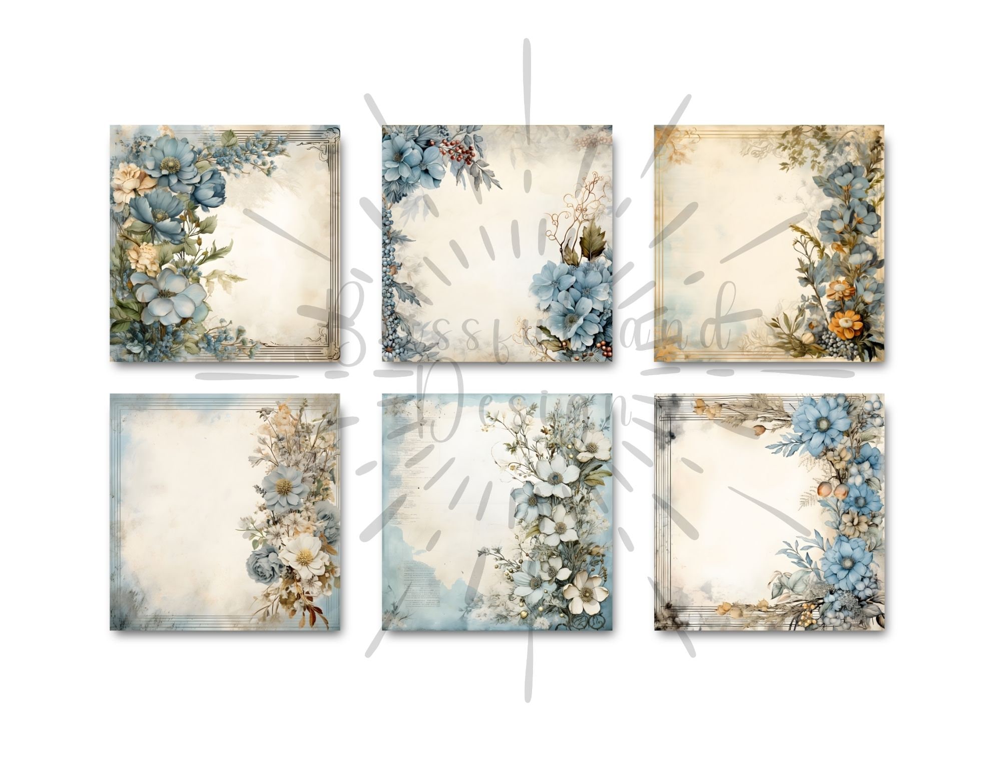Blue Floral Watercolor Scrapbook Paper Digital Junk Journal Vintage ...