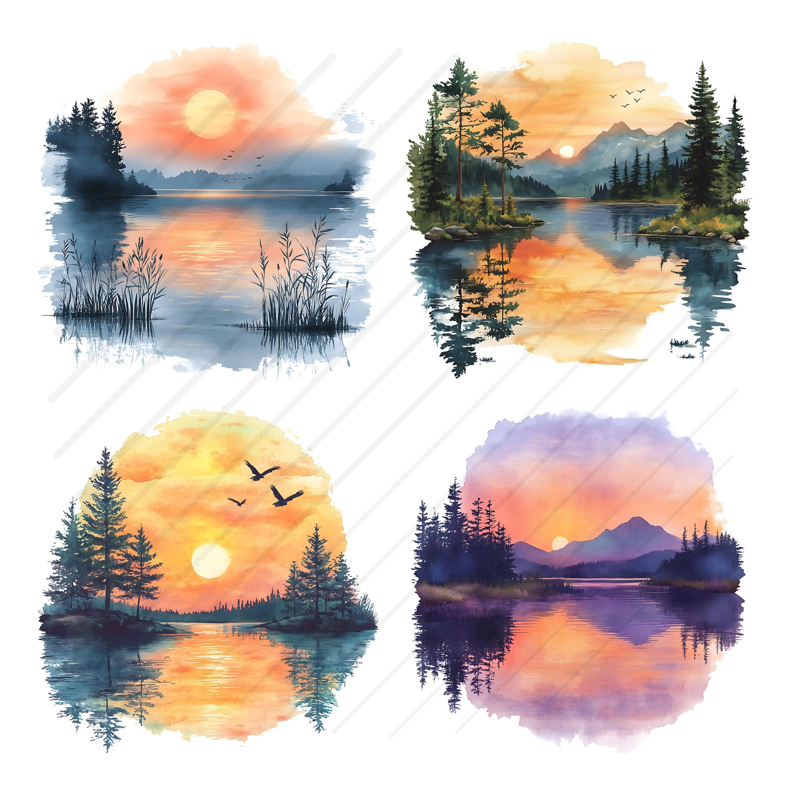 Lake Sunset Clipart Bundle JPG Images Mountain Lake Clipart Watercolor ...