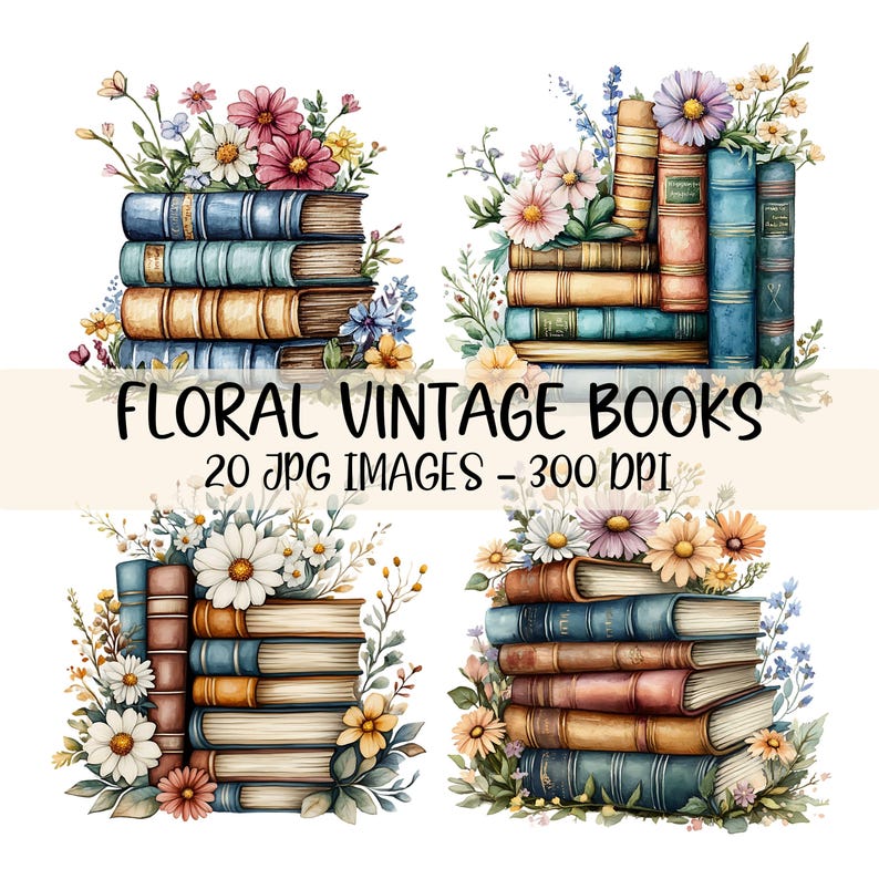 Vintage Floral Books Clipart Bundle Watercolor Botanical Book ...