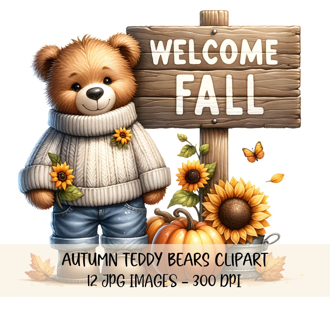 Fall Teddy Bear Clipart Cute Teddy Bear Autumn Art JPG Image ...