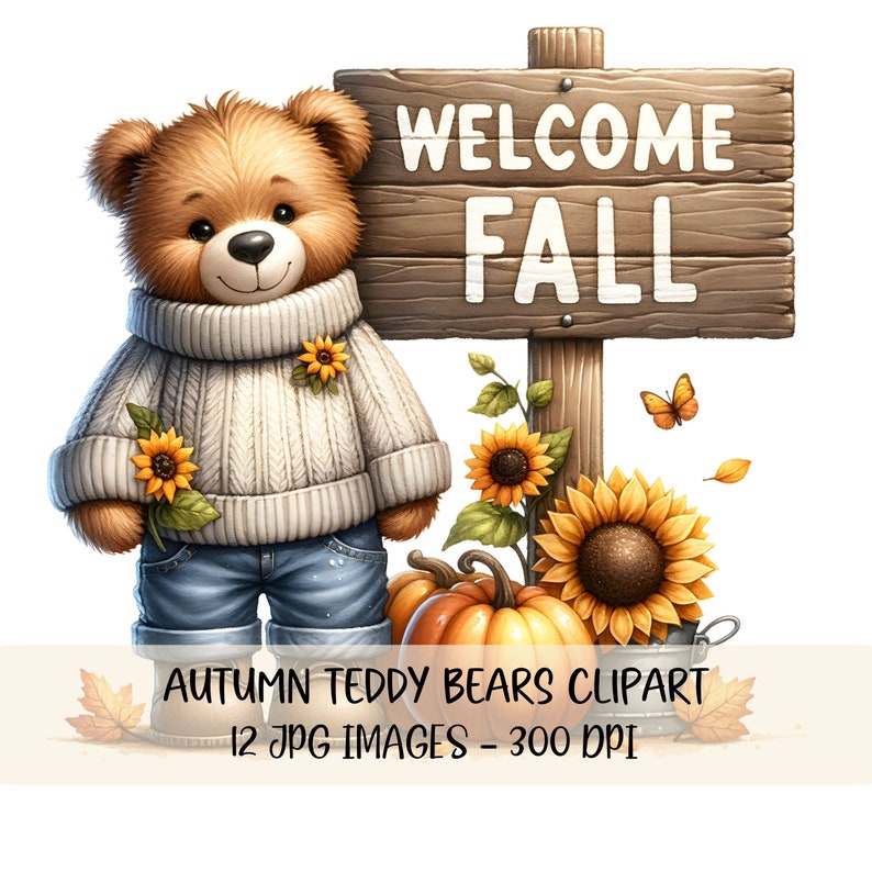 Fall Teddy Bear Clipart Cute Teddy Bear Autumn Art JPG Image ...