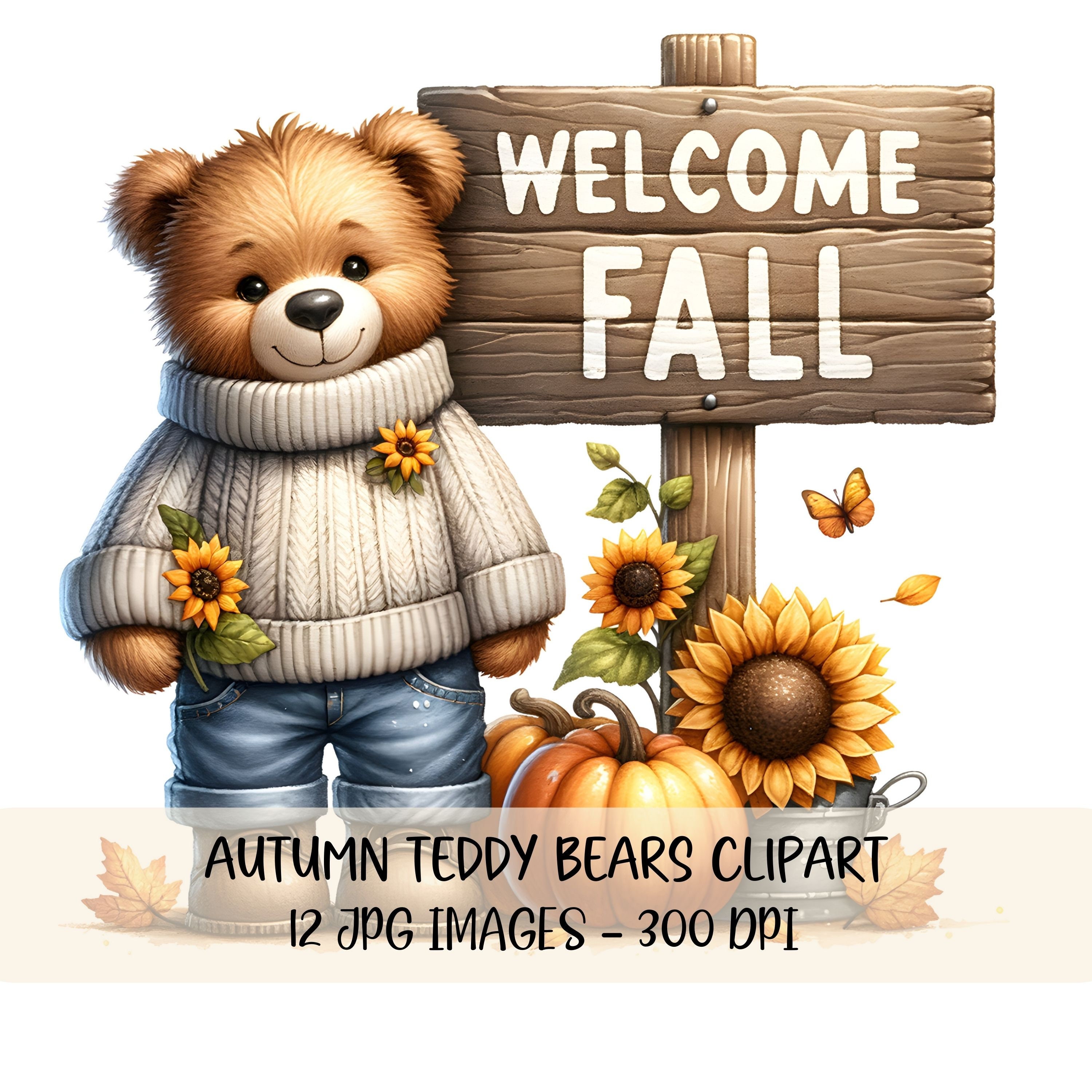 Fall Teddy Bear Clipart Cute Teddy Bear Autumn Art JPG Image ...