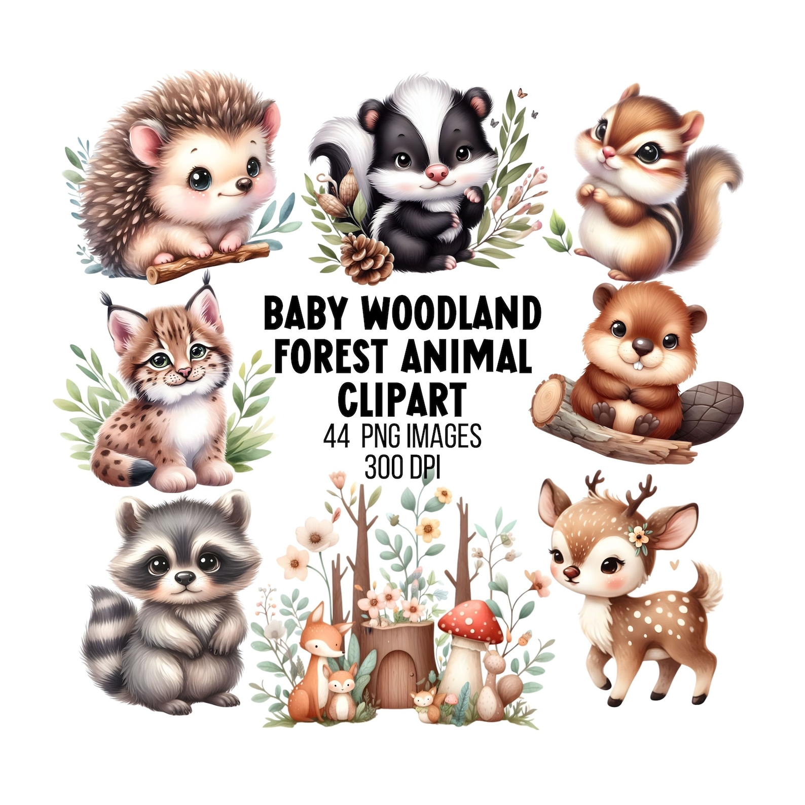 Cute Baby Woodland Animals Clipart Bundle Forest Animals PNG Watercolor ...