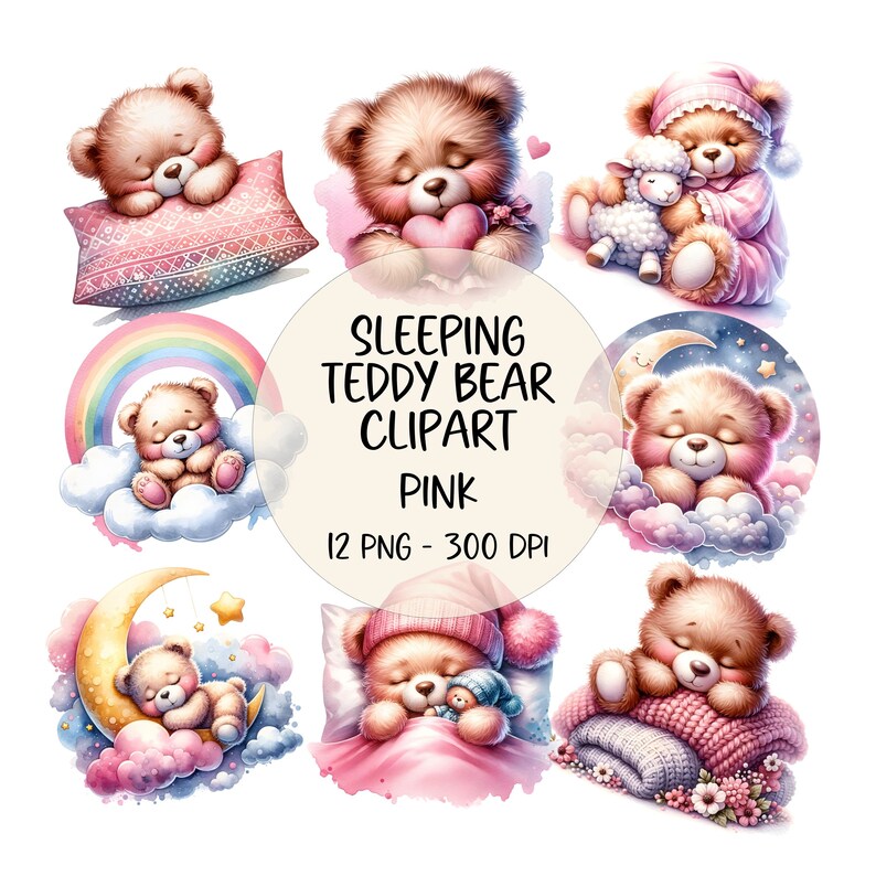 Cute Sleeping Teddy Bears Clipart Pink JPG Images Nursery Art Sleepy ...