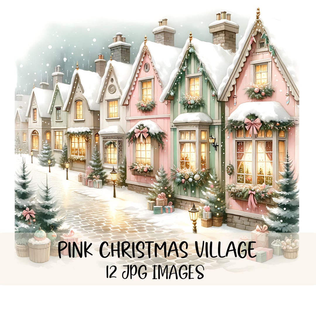 Pink Christmas Village Clipart: Watercolor Winter Scene Graphics (JPG ...