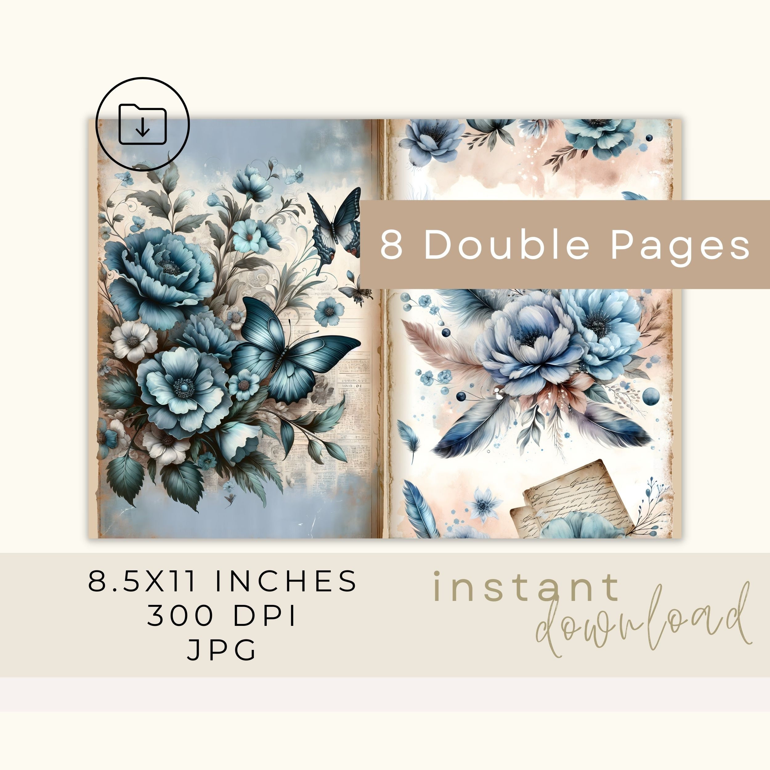 Floral Dusty Blue Junk Journal Kit Vintage Flowers Printable Paper Blue ...