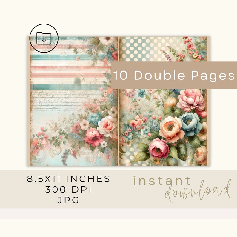 Vintage Journal Papers Floral Junk Journal Pages Shabbychic Flowers ...