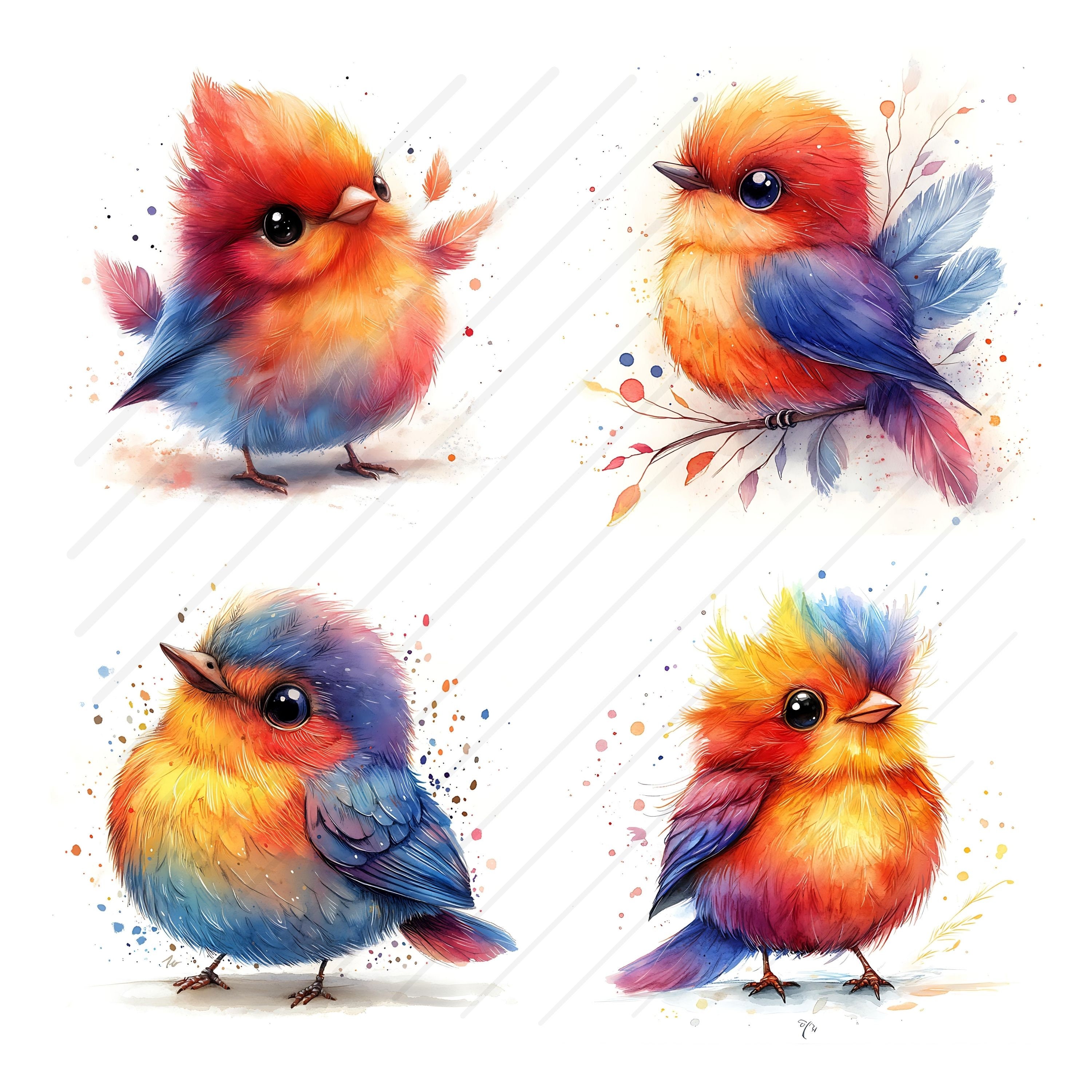 Whimsical Rainbow Bird Clipart Bundle JPG Images Digital Watercolor ...