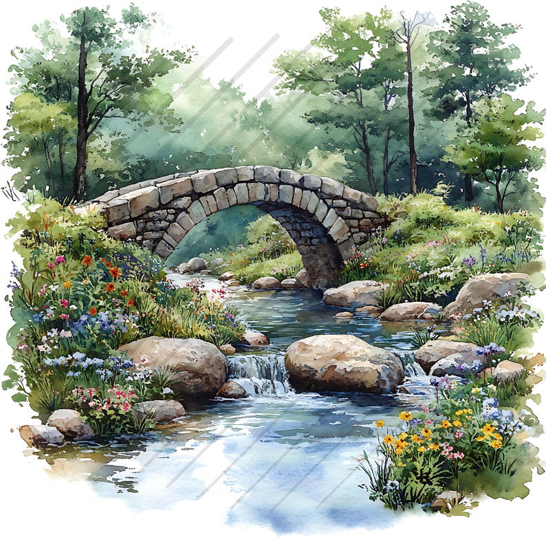 Stream Clipart Bundle Landscape Floral Watercolor JPG Image Bridge ...