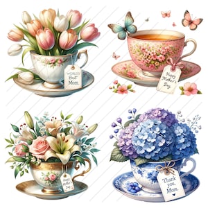 Watercolor Vintage Teacup Clipart Bundle Mothers Days PNG Images Teacup ...