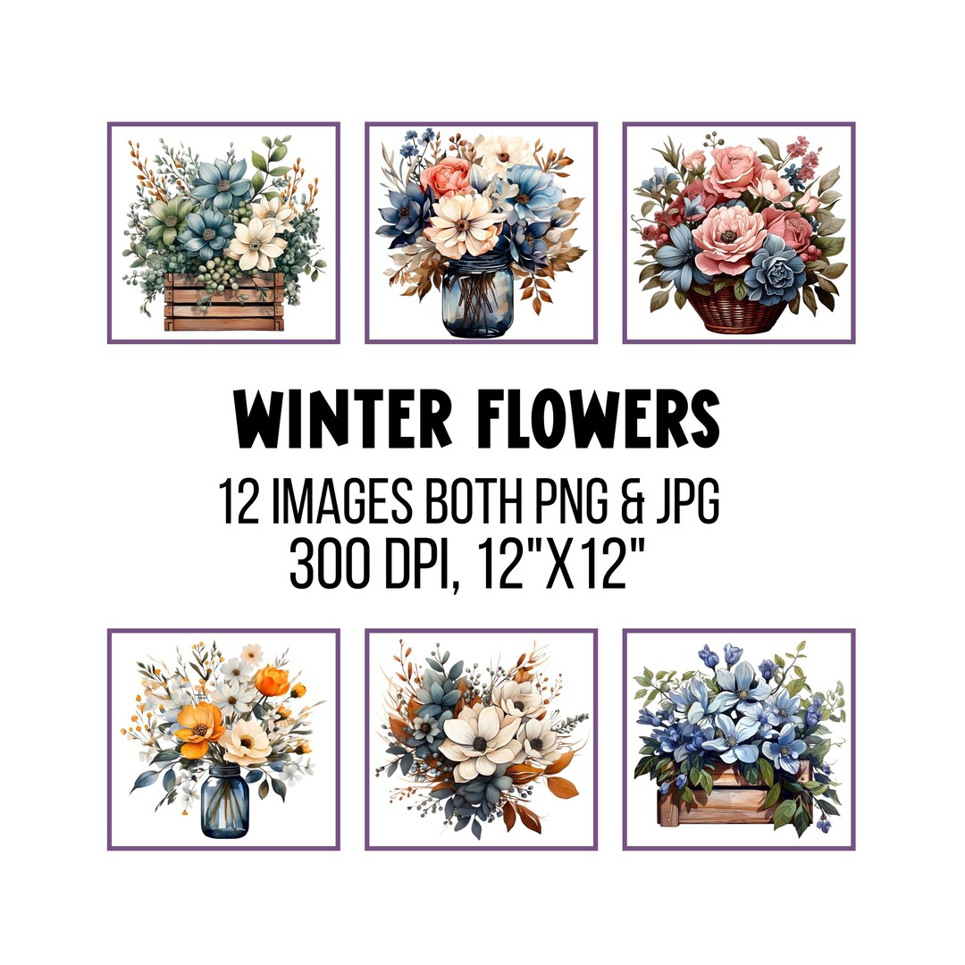 Watercolor Winter Flowers Clipart Winter Floral Bouquet PNG Blue Flower ...