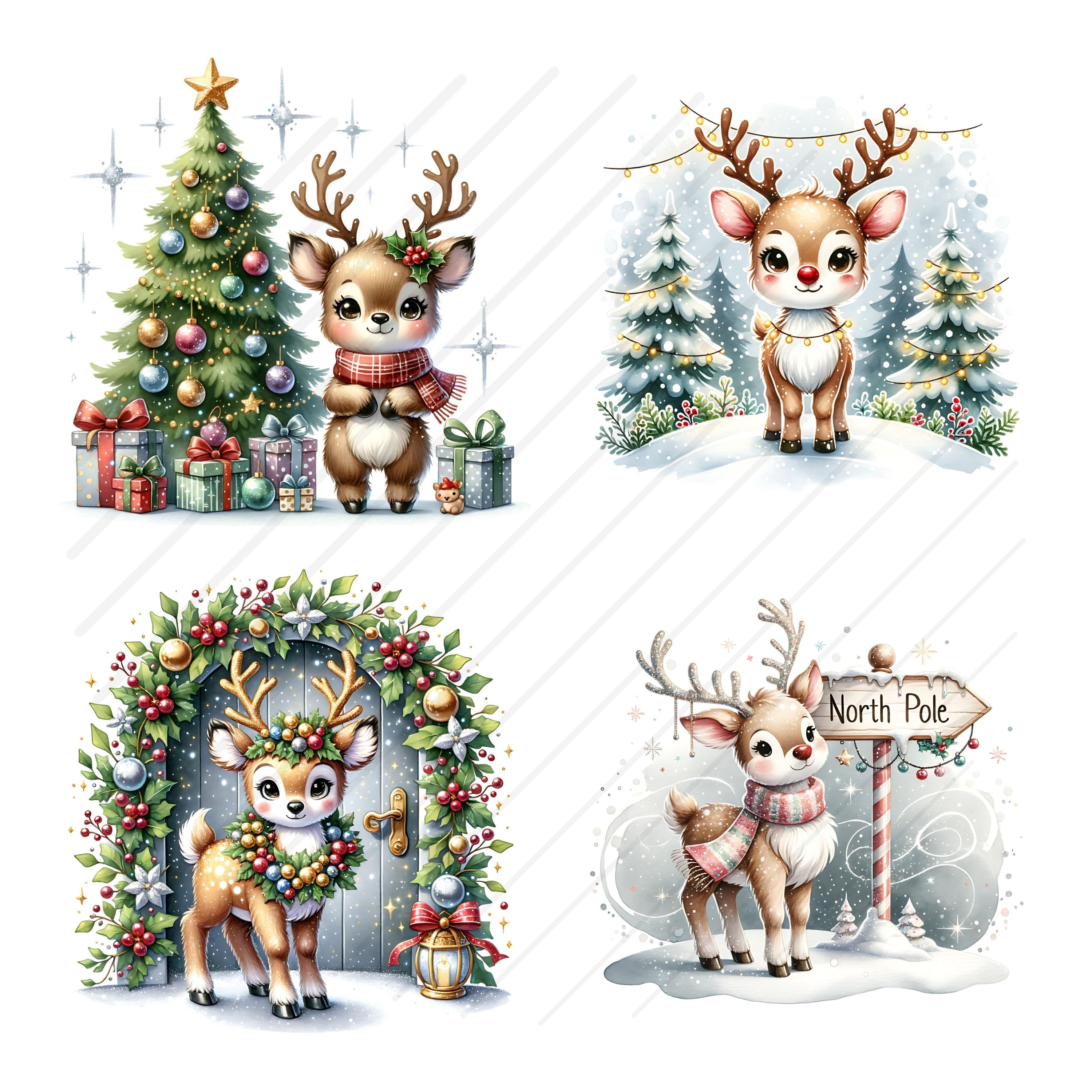Cute Reindeer Clipart Bundle JPG Images Christmas Reindeer Watercolor ...