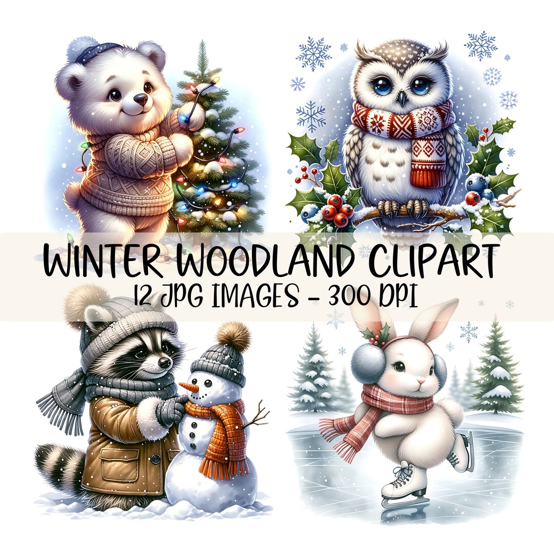 Winter Woodland Animals Clipart Bundle JPG Images Watercolor Winter ...