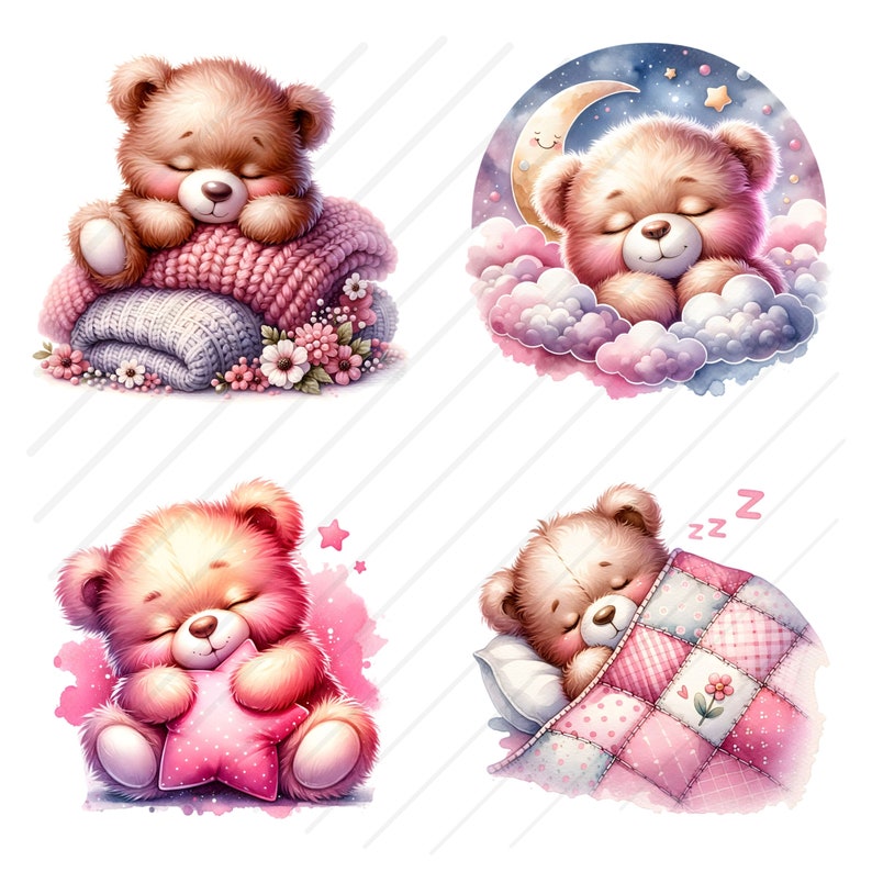 Cute Teddy Bear Watercolor Clipart Bundle Sleeping Teddybear Clipart ...