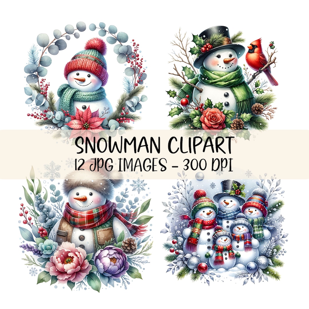 Cute Snowman Clipart Bundle Christmas Clipart Watercolor Snowman JPG ...