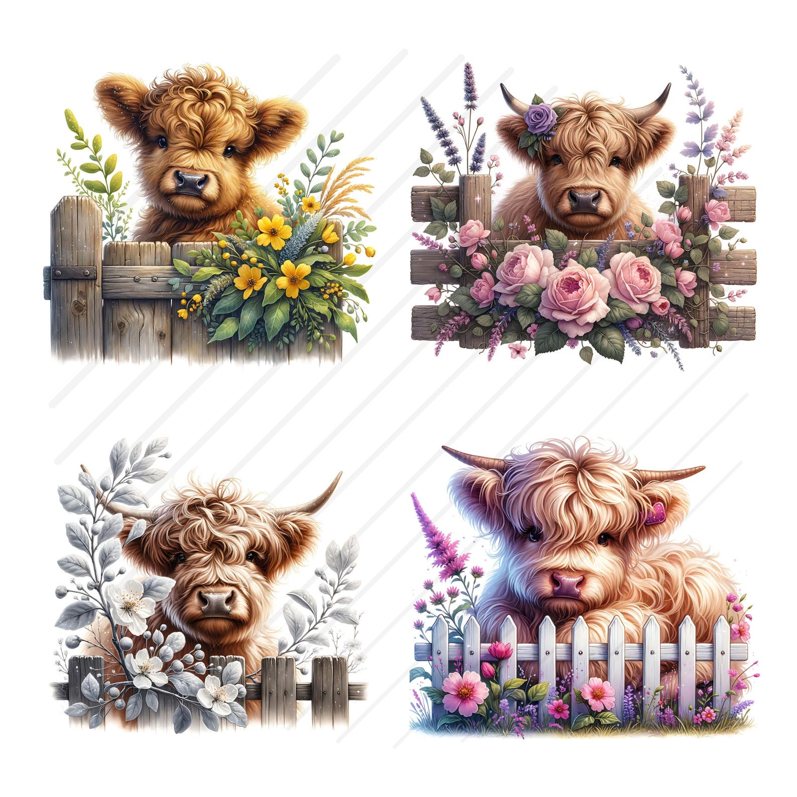 Cute Highland Cow Clipart Bundle Floral Highland Cow Design JPG Images ...