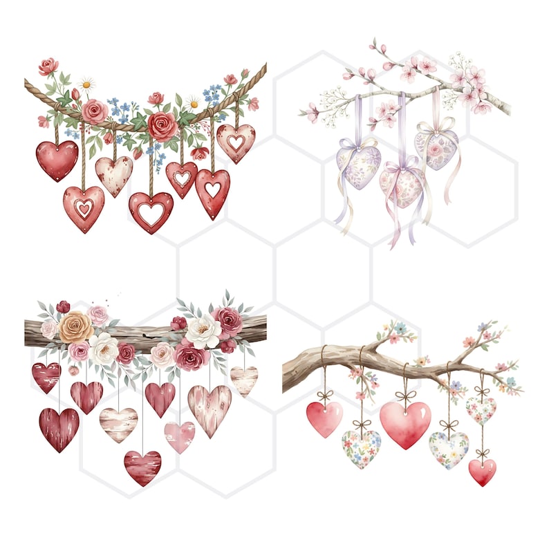 Hanging Hearts Clipart Valentine Day Hearts Branch Clipart Love Hearts ...
