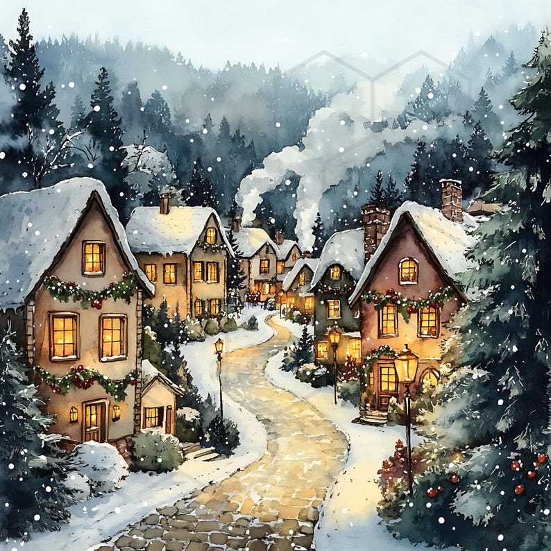 Watercolor Christmas Village Clipart Christmas Winter Scenes Clipart ...