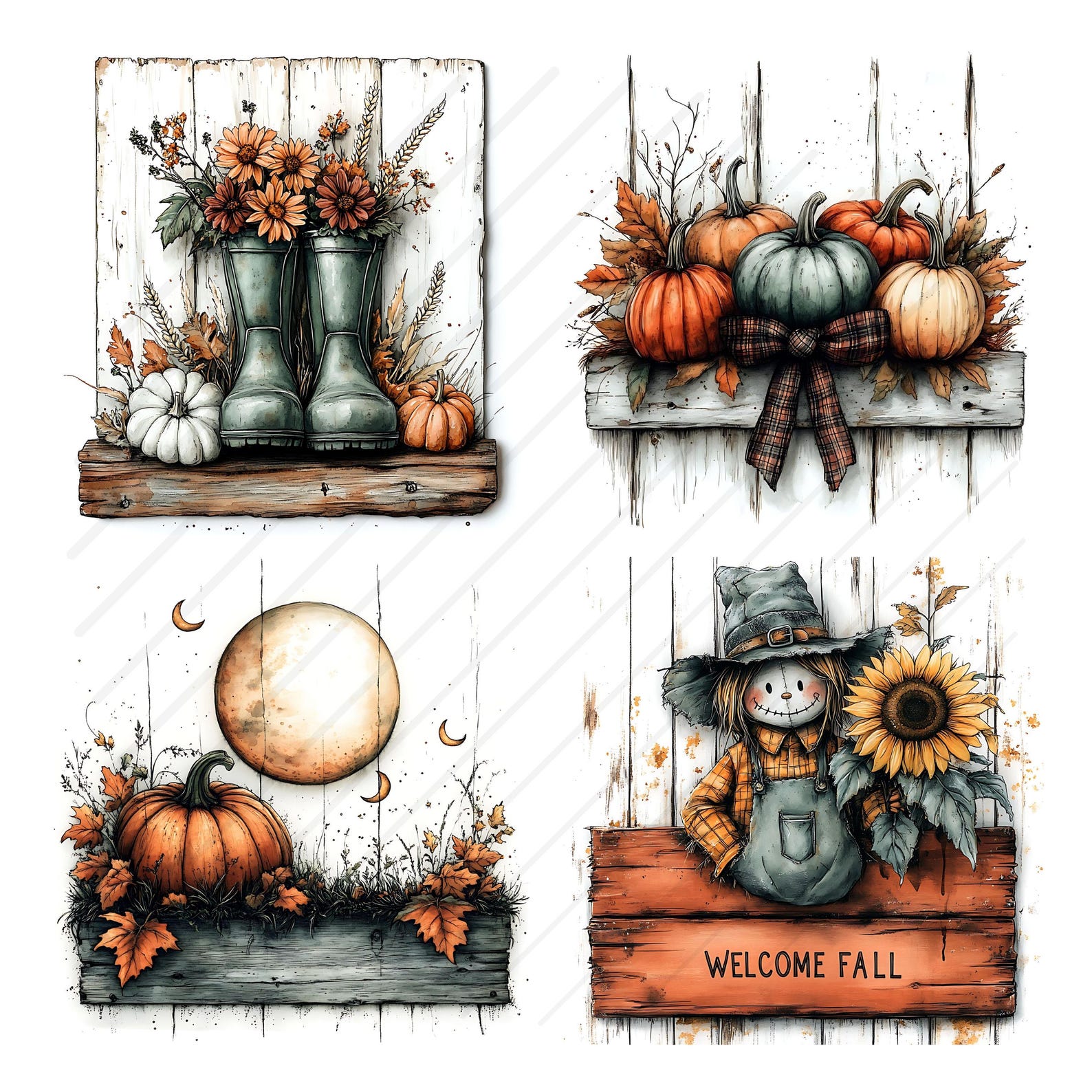 Rustic Fall Clipart Bundle Watercolor Farmhouse Decor High Quality Jpgs ...