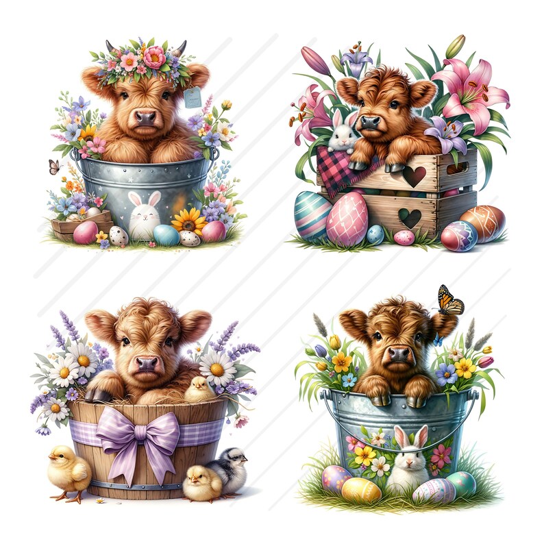 Easter Highland Cow Clipart Bundle Cute Highland Cow Design JPG Images ...