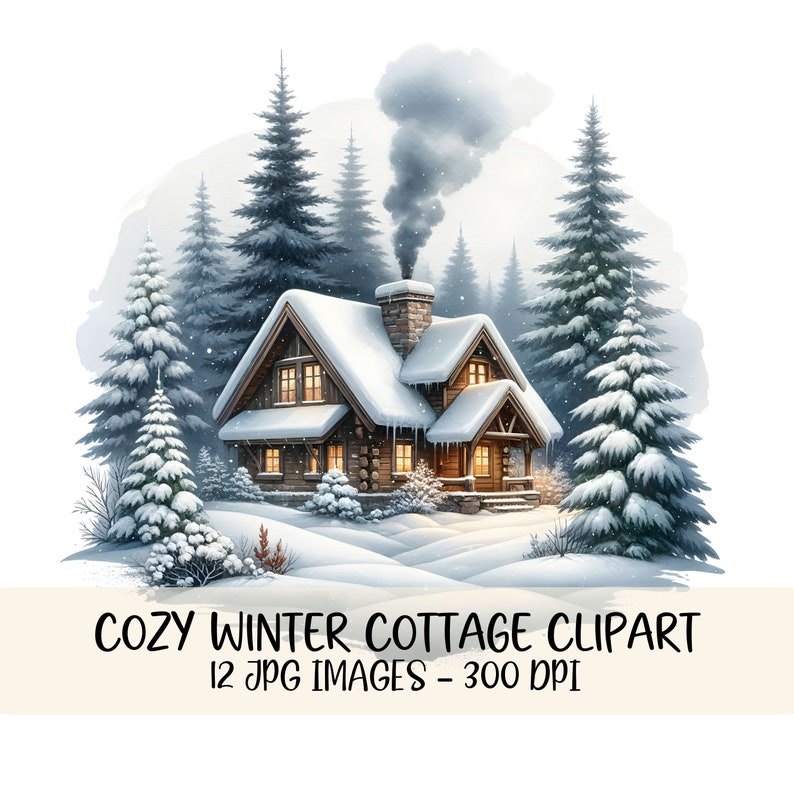 Cozy Winter Cottage Clipart Snowy Scene Digital Art Cottagecore ...