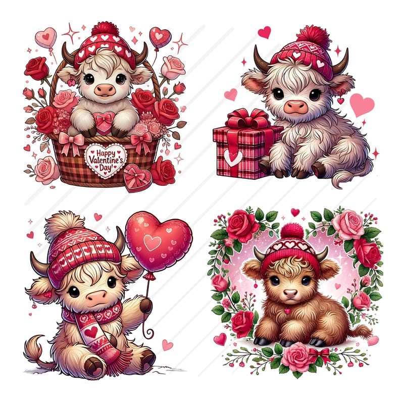 Highland Cow Valentine Clipart Bundle Cute Highland Cow Design JPG ...