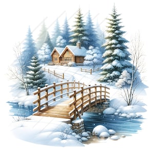 Cozy Winter Cottage Clipart Snowy Scene Digital Art Cottagecore ...