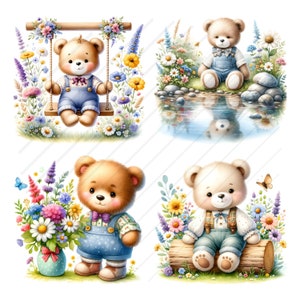 Floral Teddy Bear Watercolor Clipart Bundle Cute Bear Clipart JPG Image ...