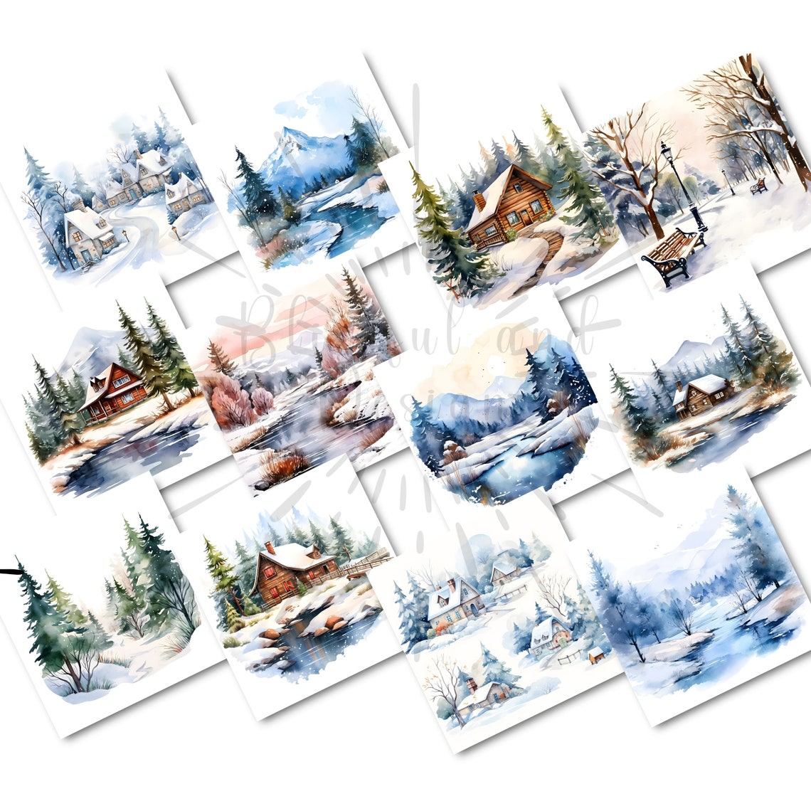 Winter Wonderland Watercolor Clipart Winter Scene JPG Image Winter ...