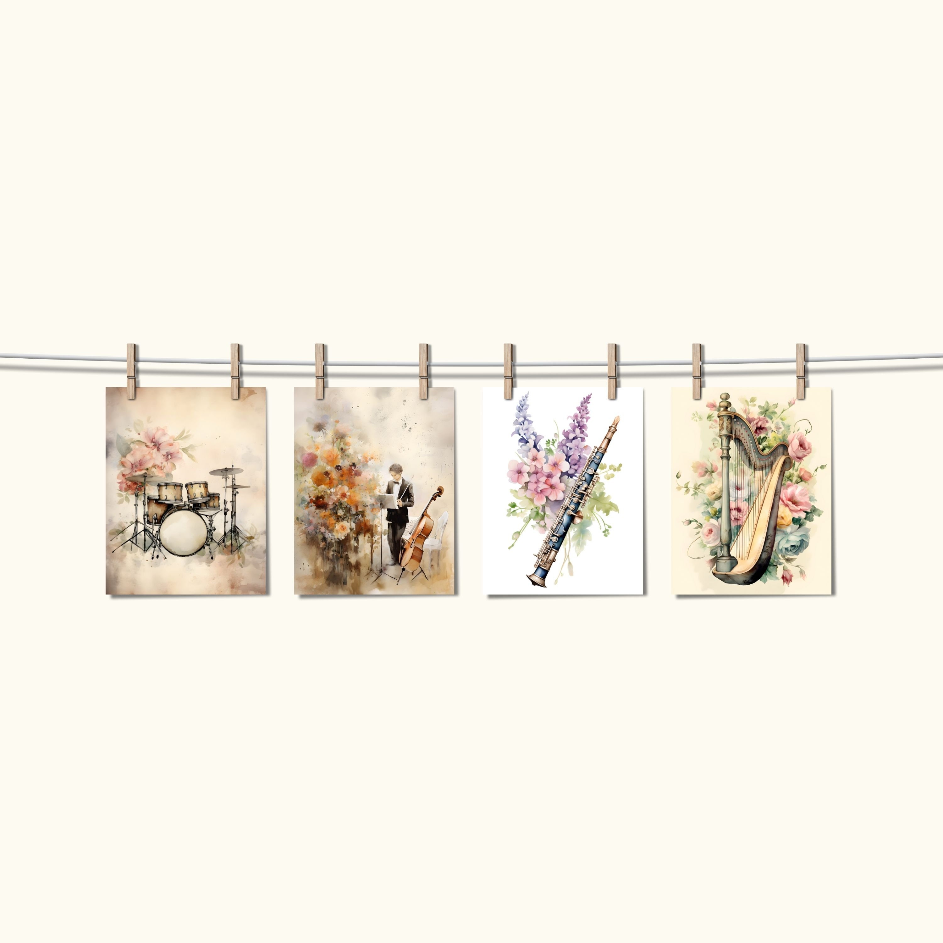 Musical Junk Journal Pages Watercolor Vintage Music Instruments Digital ...