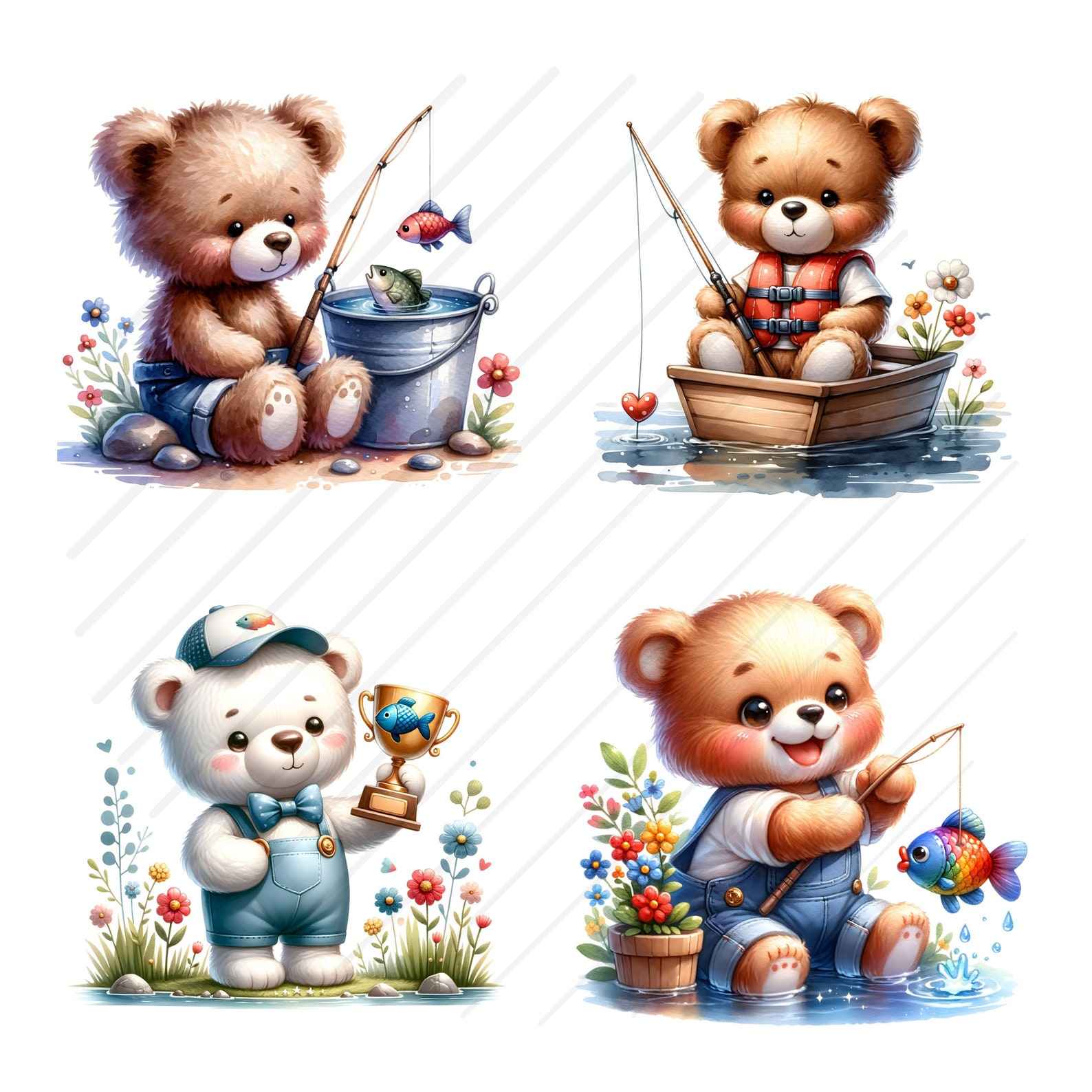 Fishing Teddy Bear Watercolor Clipart Bundle Cute Bear Clipart JPG ...