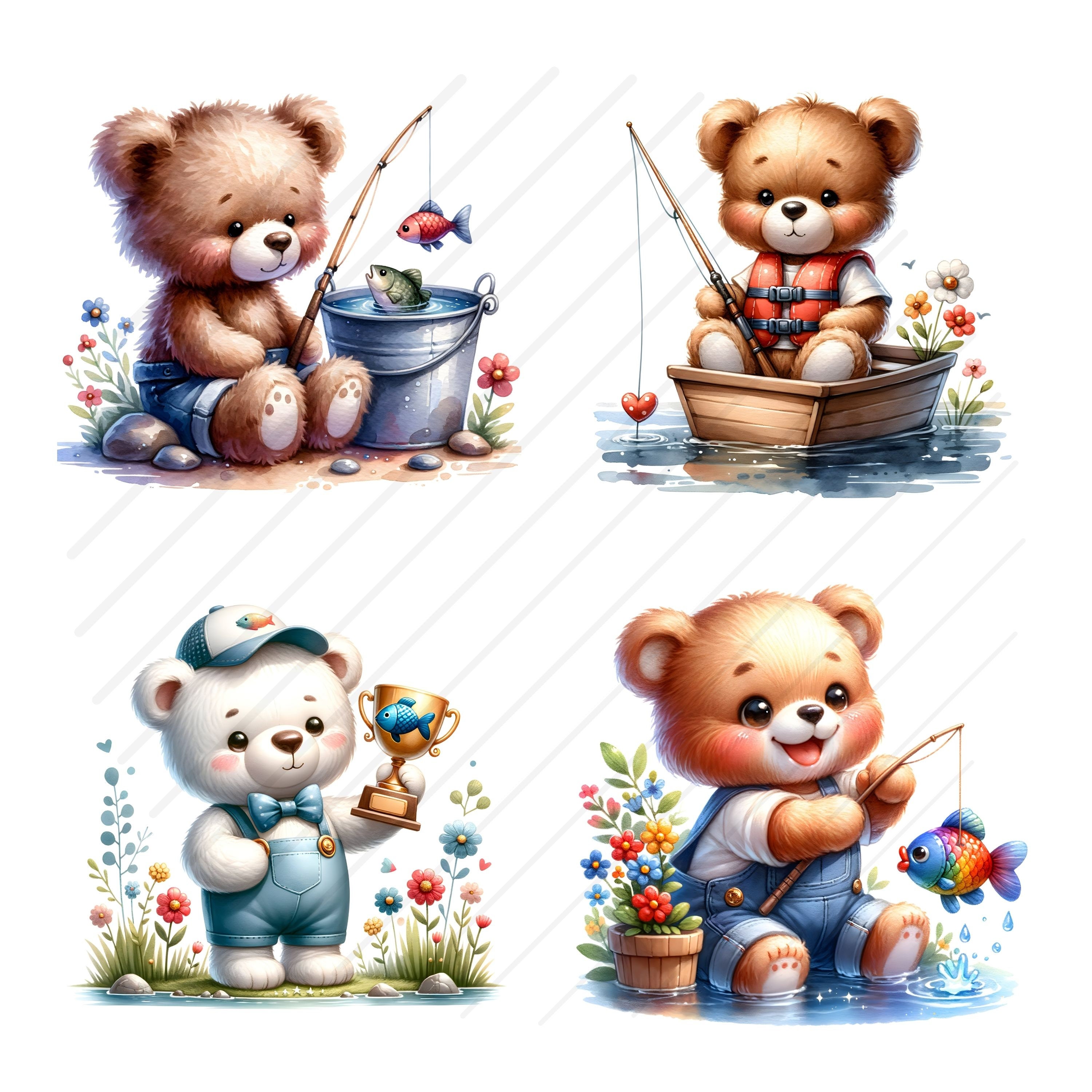 Fishing Teddy Bear Watercolor Clipart Bundle Cute Bear Clipart JPG ...