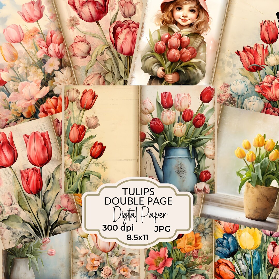 Tulips Double Page Junk Journal Pages Watercolor Tulip Printable ...