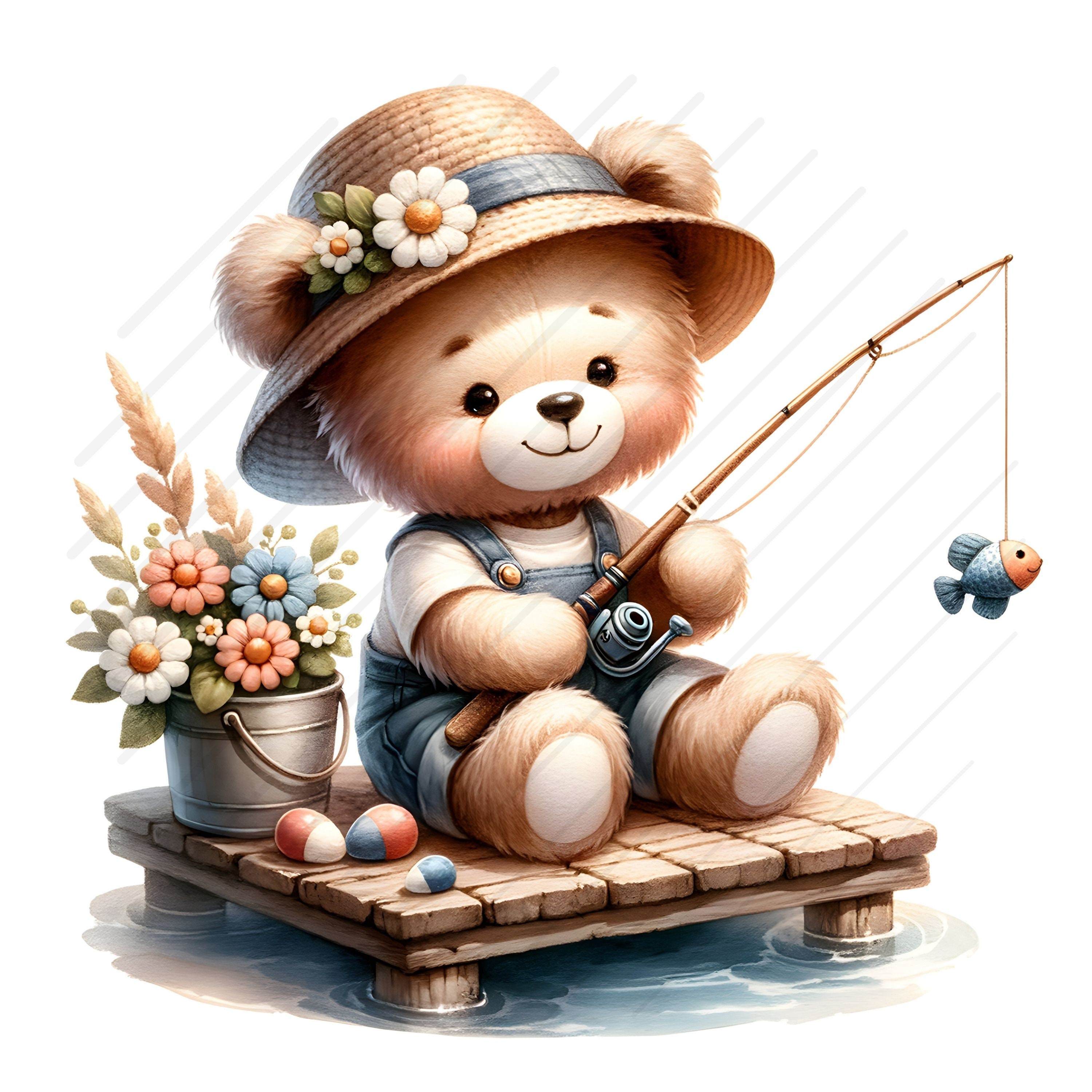 Fishing Teddy Bear Watercolor Clipart Bundle Cute Bear Clipart JPG ...