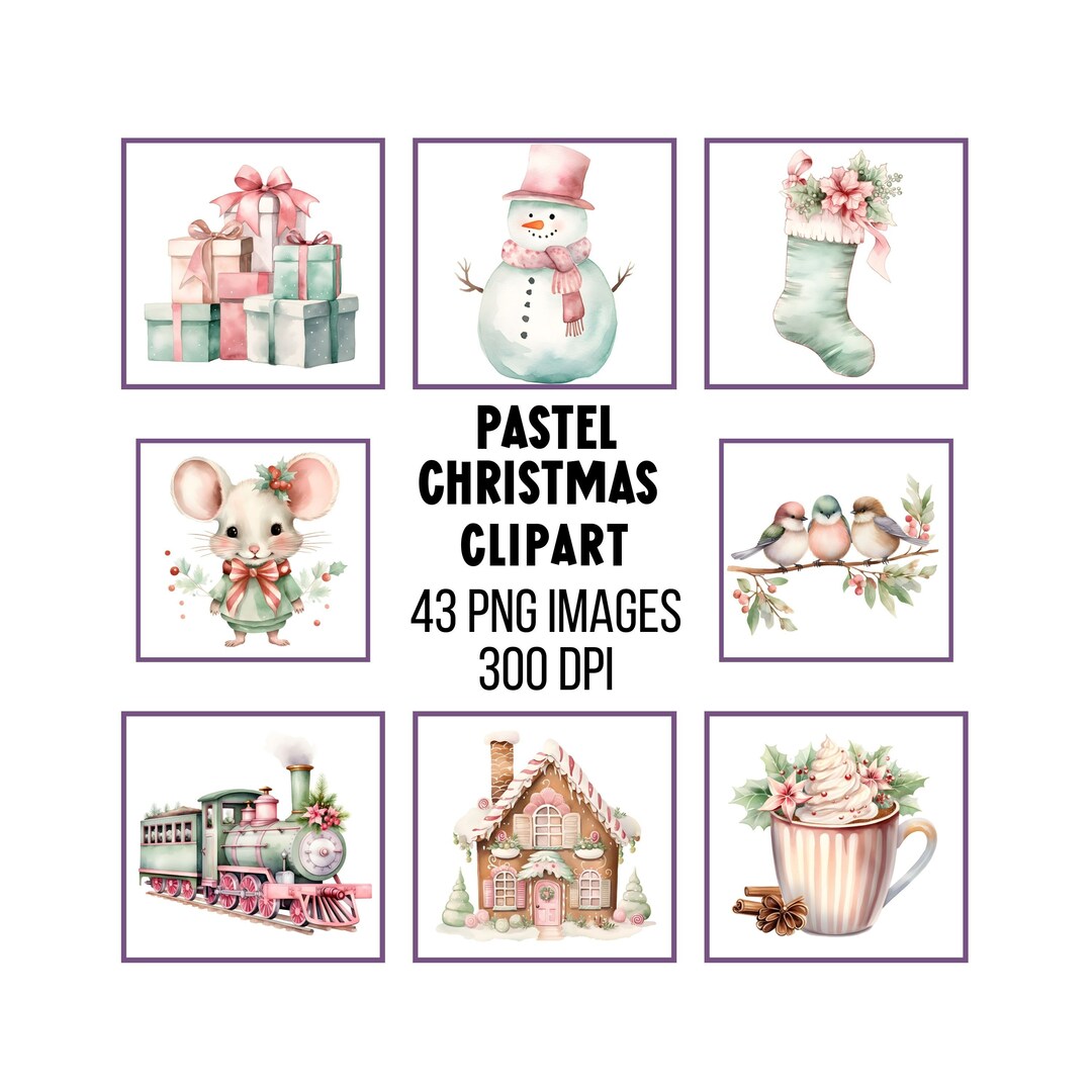 Pastel Christmas Watercolor Clipart Pink Christmas PNG Clipart Bundle ...