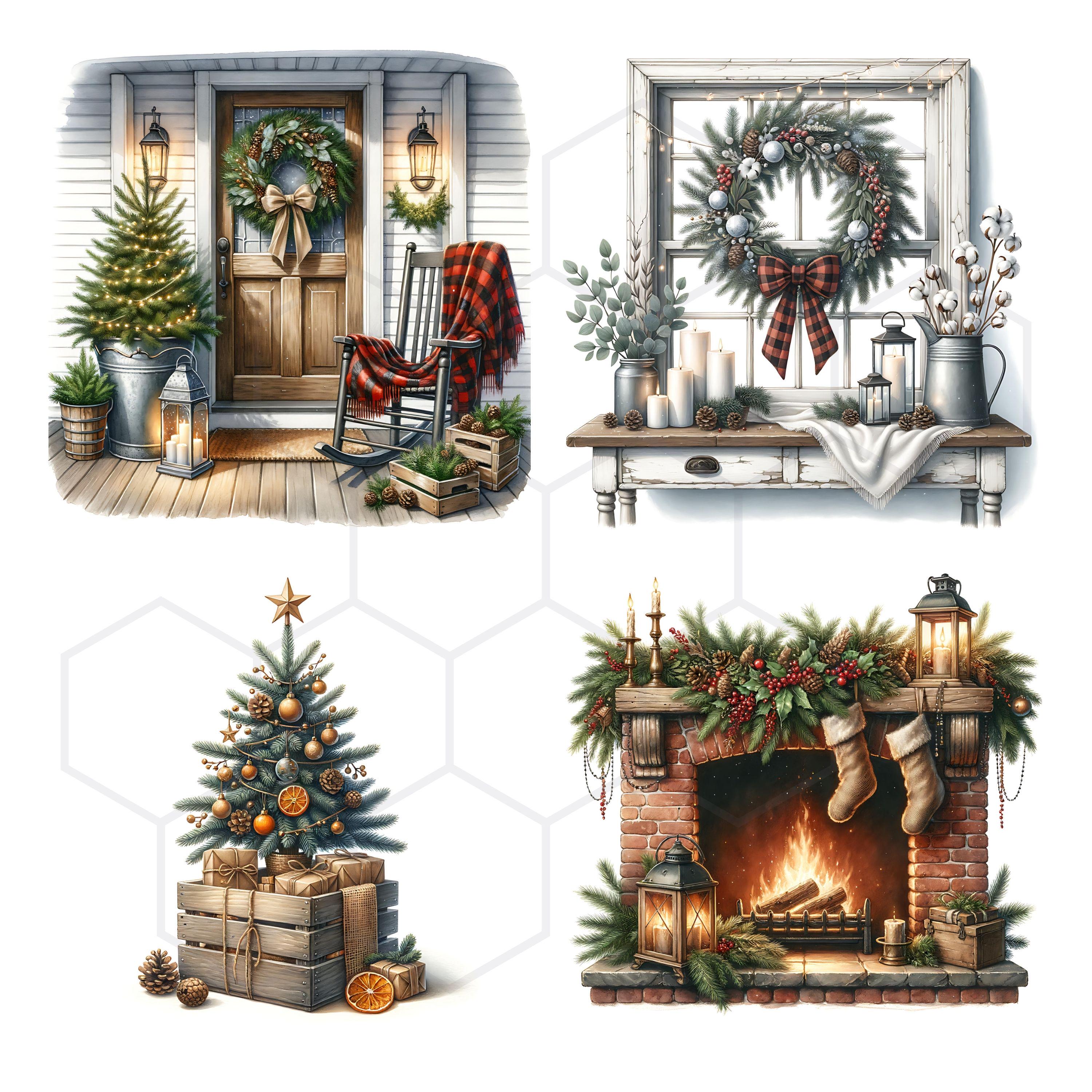 Watercolor Farmhouse Christmas Clipart: Rustic Holiday JPG Images ...