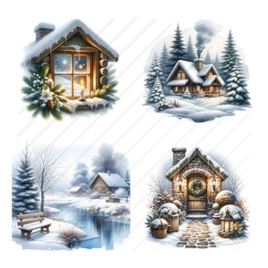 Cozy Winter Cottage Clipart Snowy Scene Digital Art Cottagecore ...