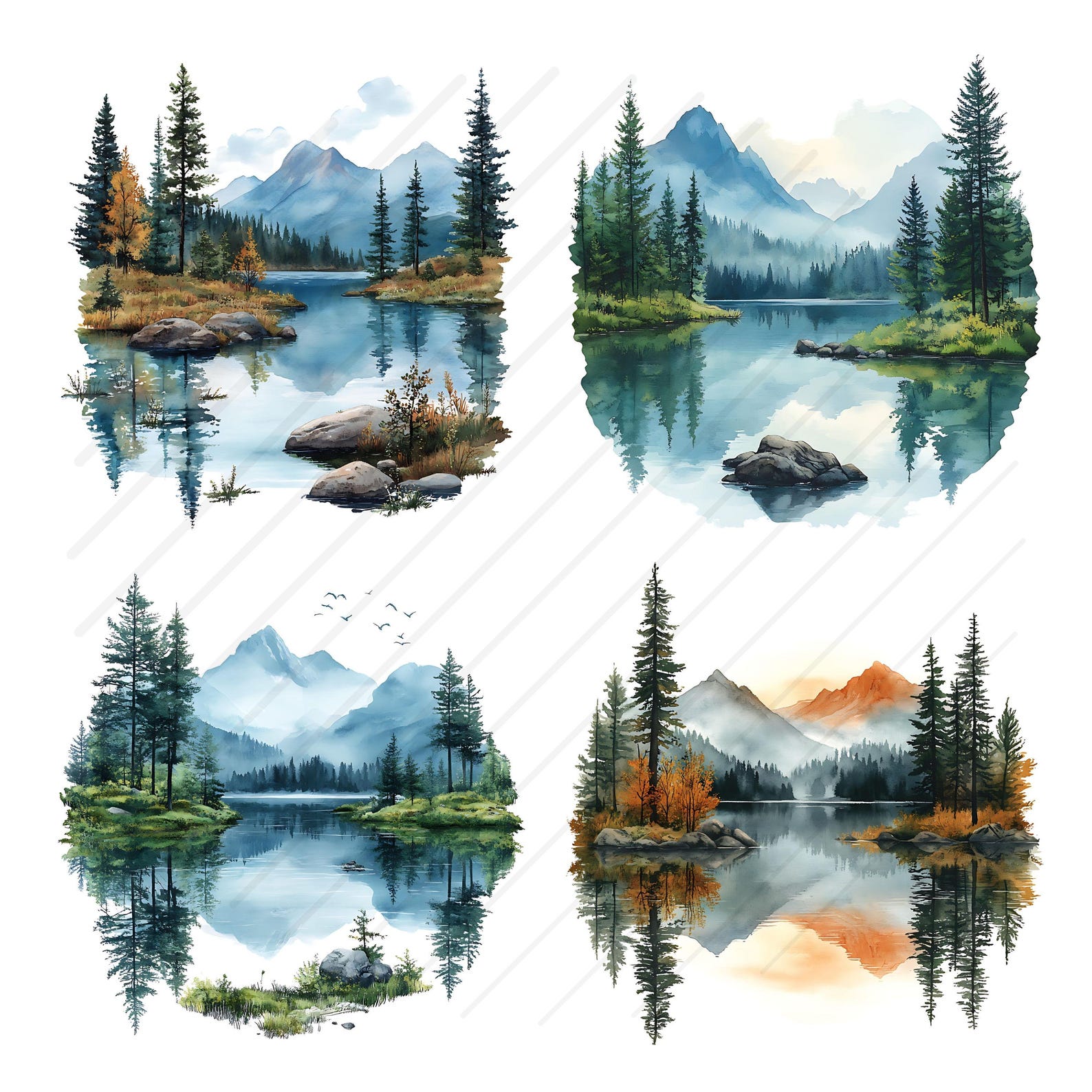 Mountain Lake Clipart Bundle JPG Images Watercolor Lake Landscape ...