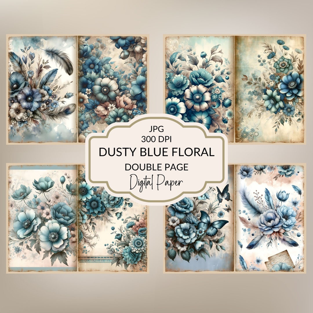 Floral Dusty Blue Junk Journal Kit Vintage Flowers Printable Paper Blue ...
