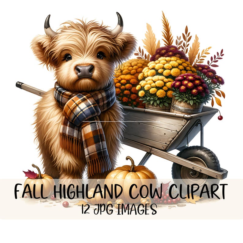 Fall Highland Cow Clipart Bundle: Watercolor Autumn Designs (digital ...